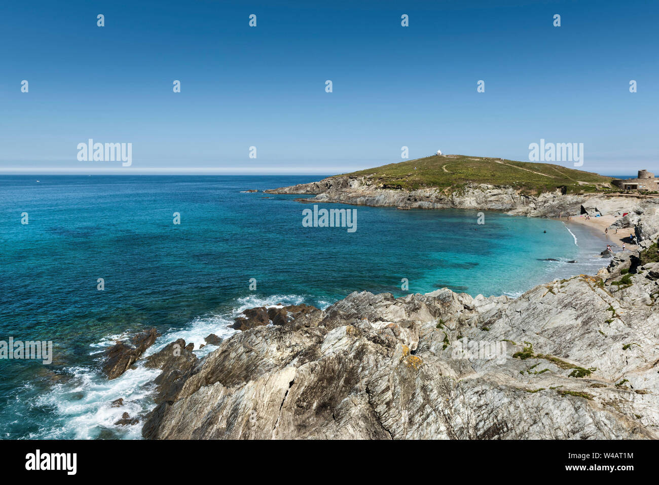 The turquoise coloured sea at the secluded Little Fistral in Newquay in ...