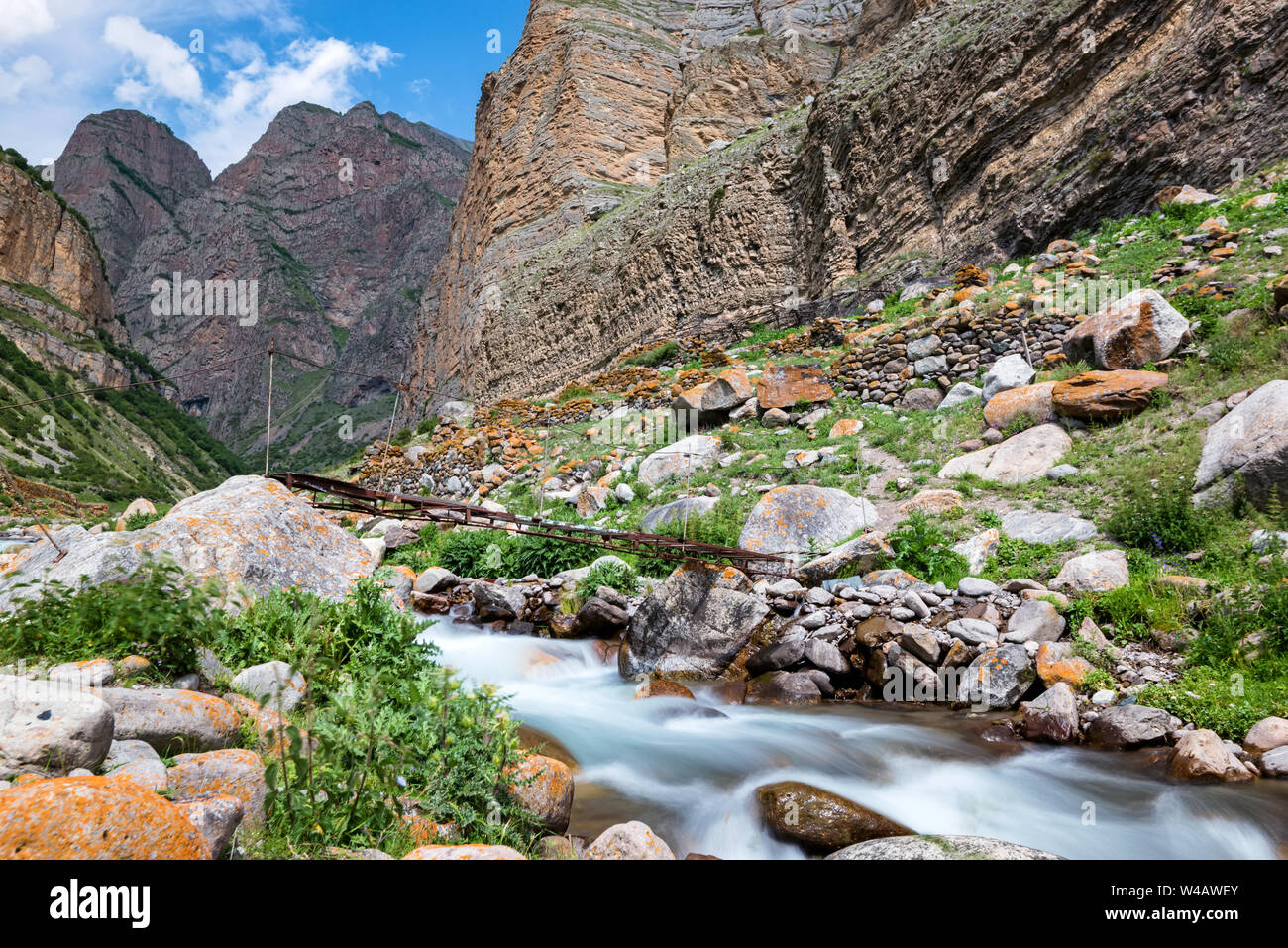 Beautiful peaceful view of small bridge over mountain river. Slow ...