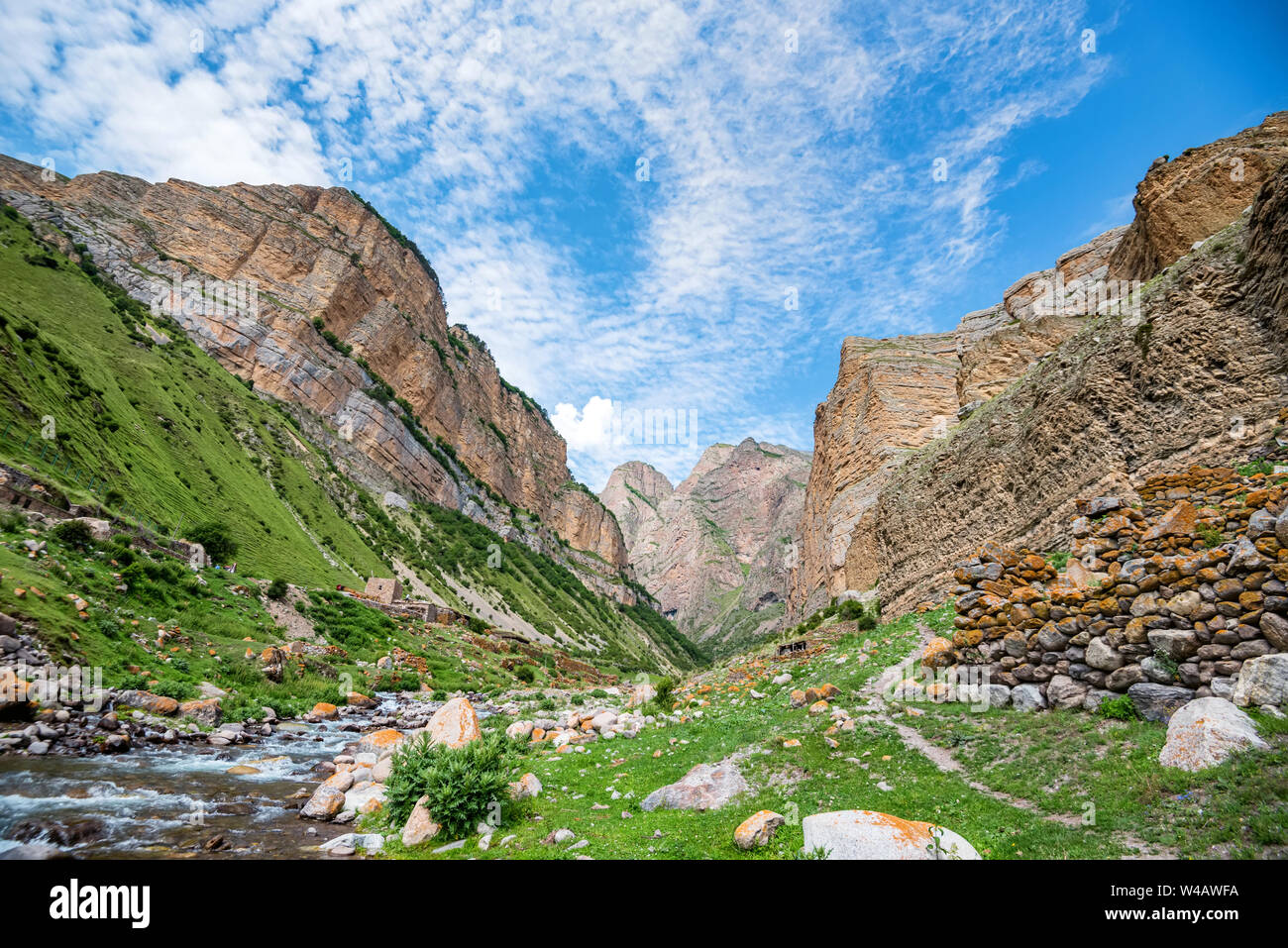 Beautiful peaceful view of mountain river in rocky mountain valley ...