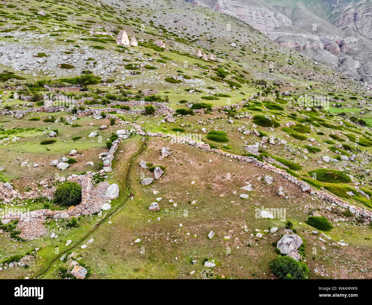Aerial view of medieval tombs in City of Dead near Eltyulbyu, Russia ...