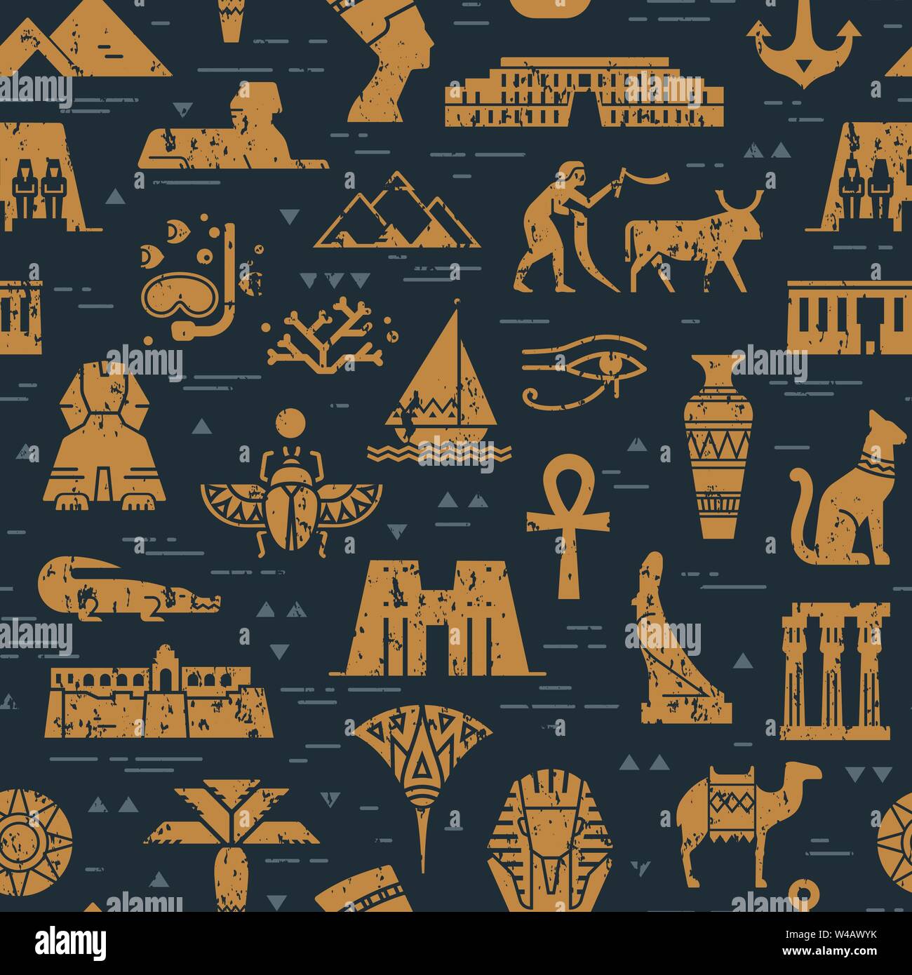 Dark seamless pattern of symbols, landmarks, and signs of Egypt from ...
