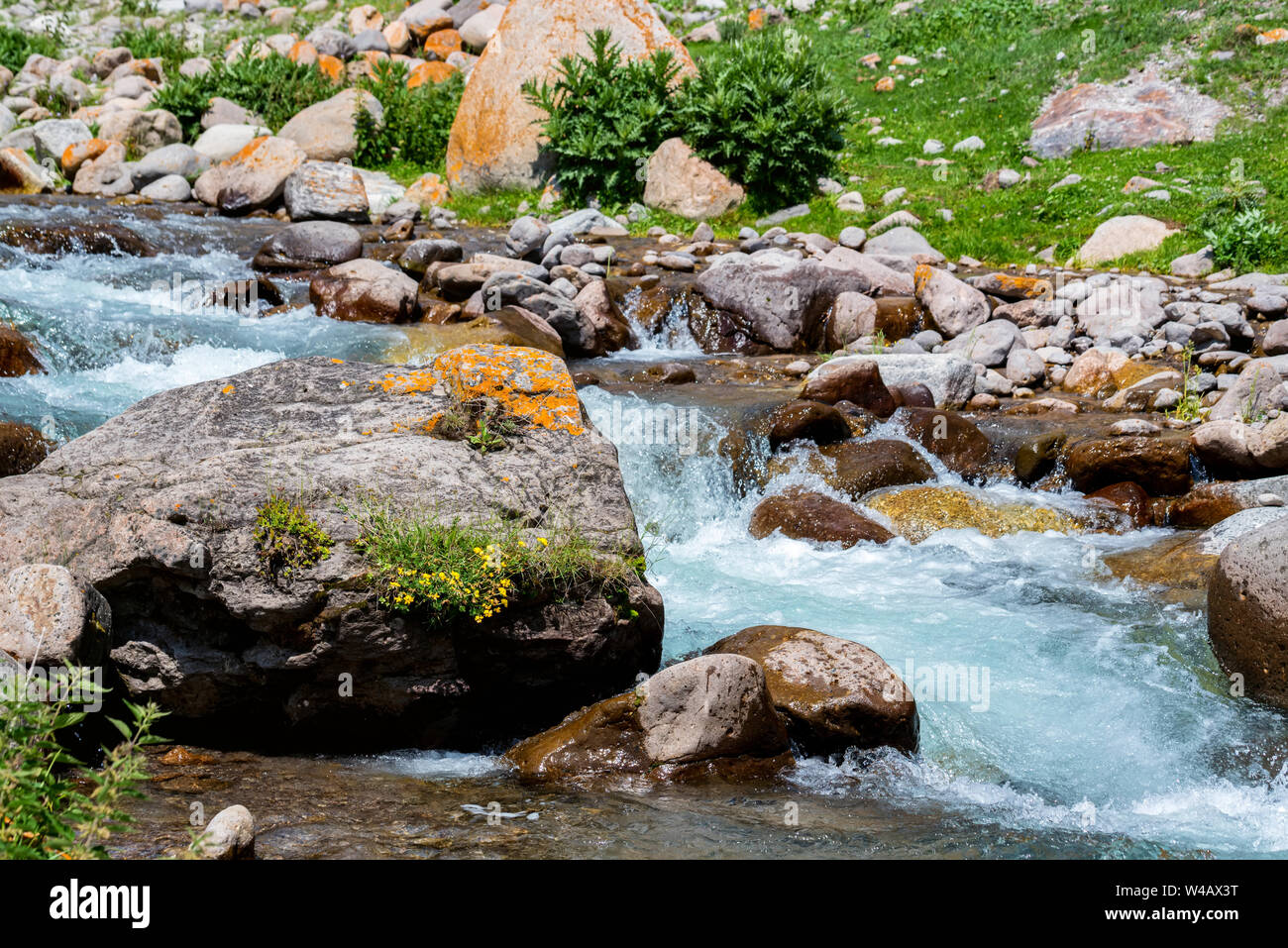 Beautiful peaceful view of water in mountain river. Slow shutter speed ...