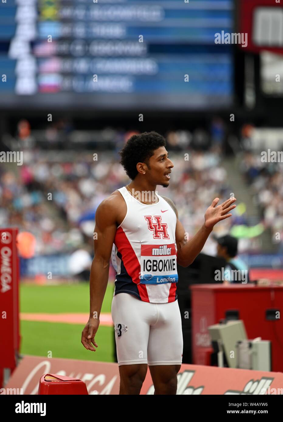 London, UK. 21st July, 2019. Obi Igbokwe (USA) dances before the 400m where he would go on to ...