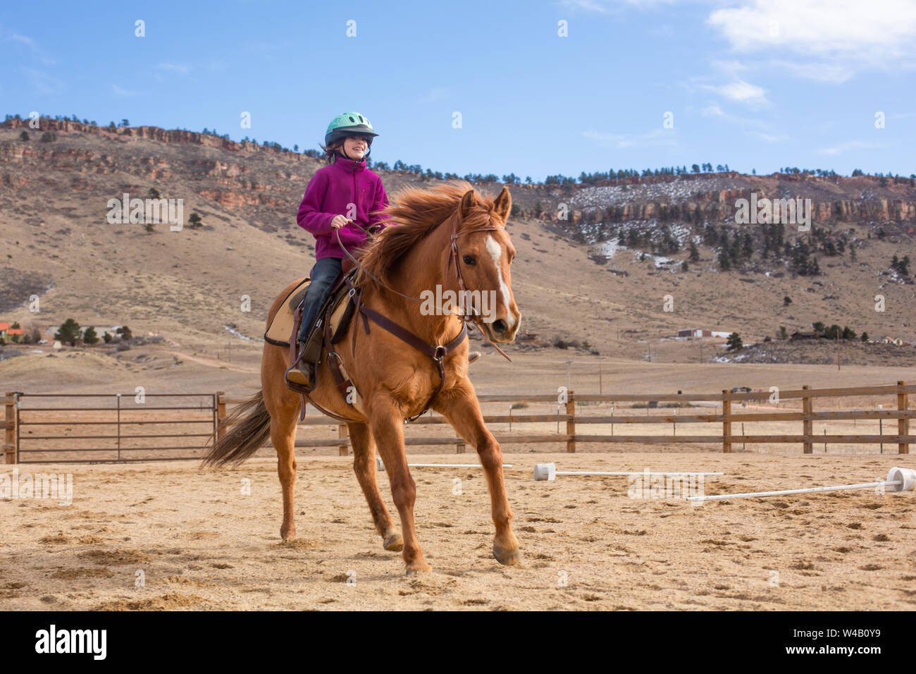 Girl loping her horse in an outdoor arena Stock Photo - Alamy