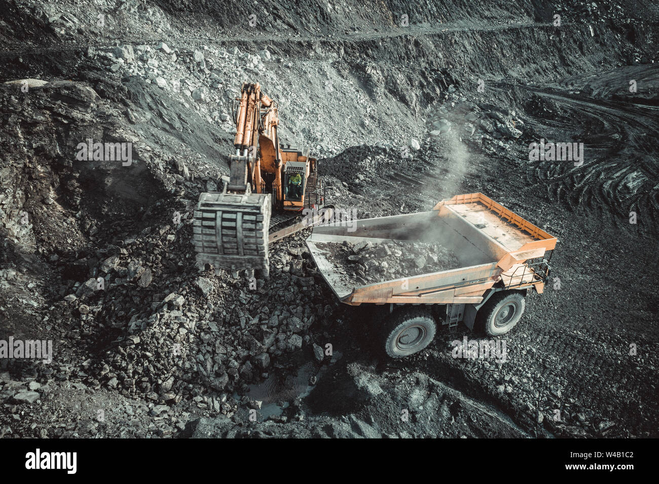 Excavator Loading Coal Truck from Aerial View Stock Photo - Alamy