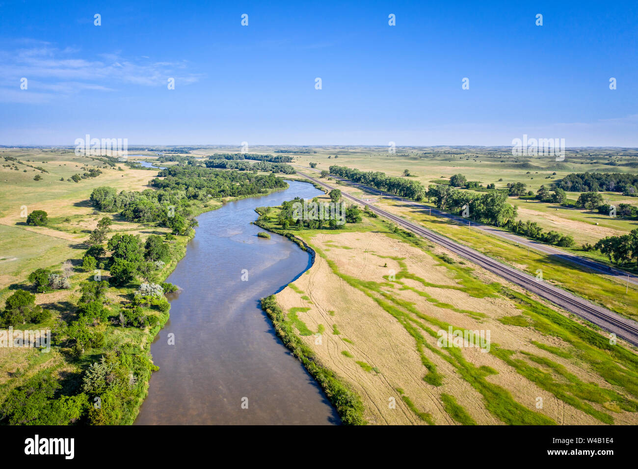 Aerial landscape of Nebraska Sandhills with the Middle Loupe River near ...