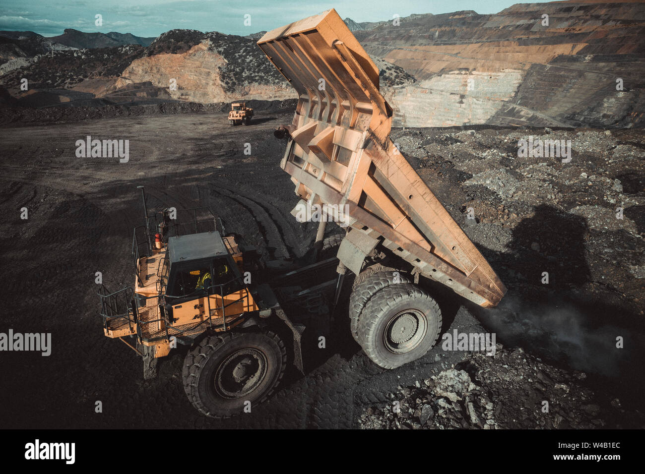 Coal Truck unloading from Aerial View Stock Photo - Alamy