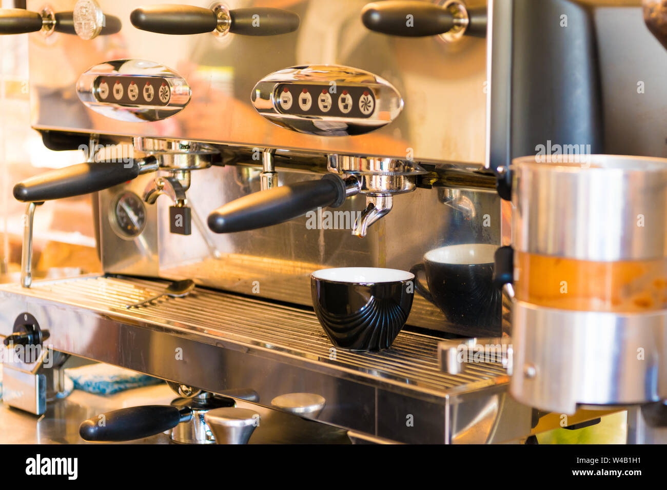 Close-up of espresso coffee machine. Professional coffee brewing Stock ...