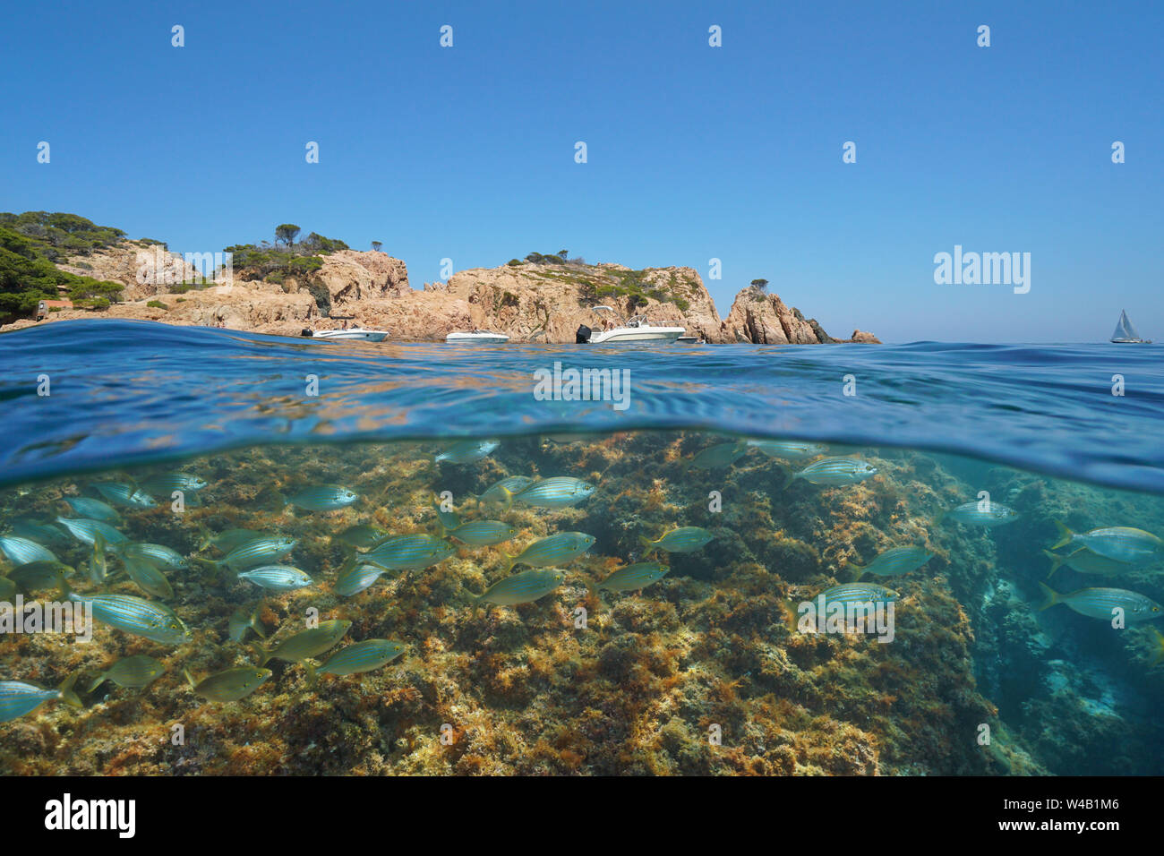 Spain rocky coast with boats and a school of fish underwater ...