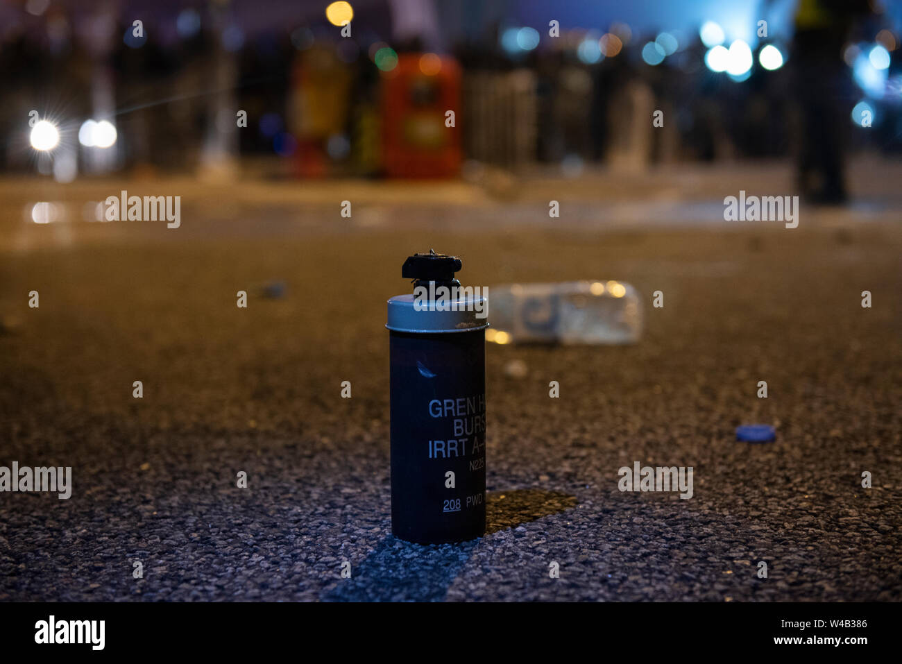 Tear gas canister can be seen after the clashes between riot police and ...
