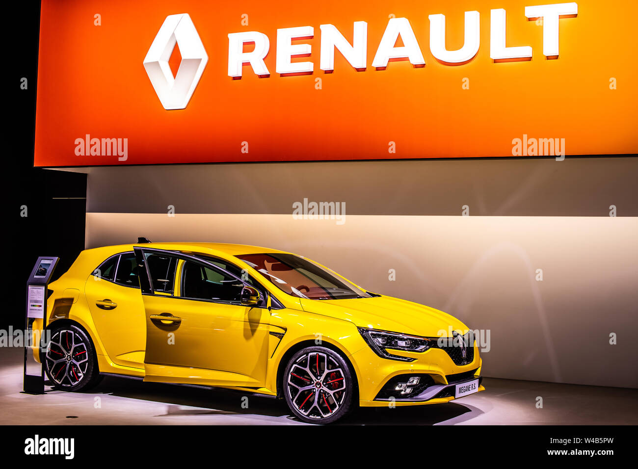 Brussels, Belgium, Jan 2019: metallic yellow Renault Megane RS ...