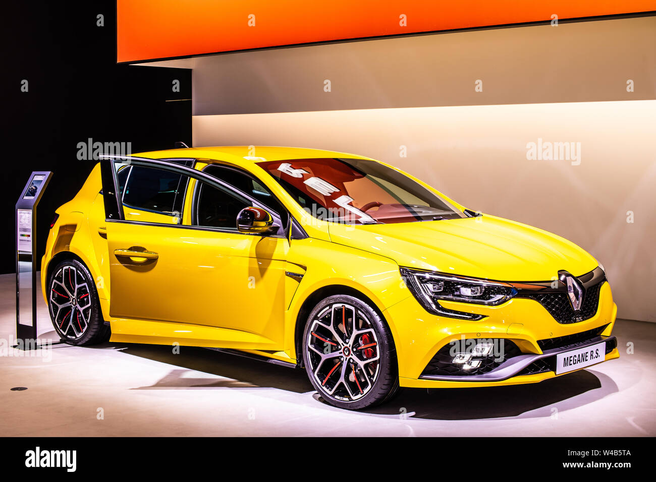 Brussels, Belgium, Jan 2019: metallic yellow Renault Megane RS ...