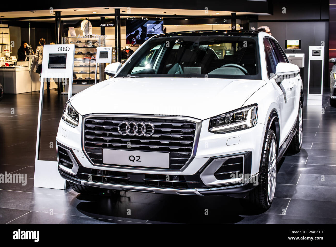 Brussels, Belgium, Jan 2019 metallic white Audi Q2, Brussels Motor Show ...