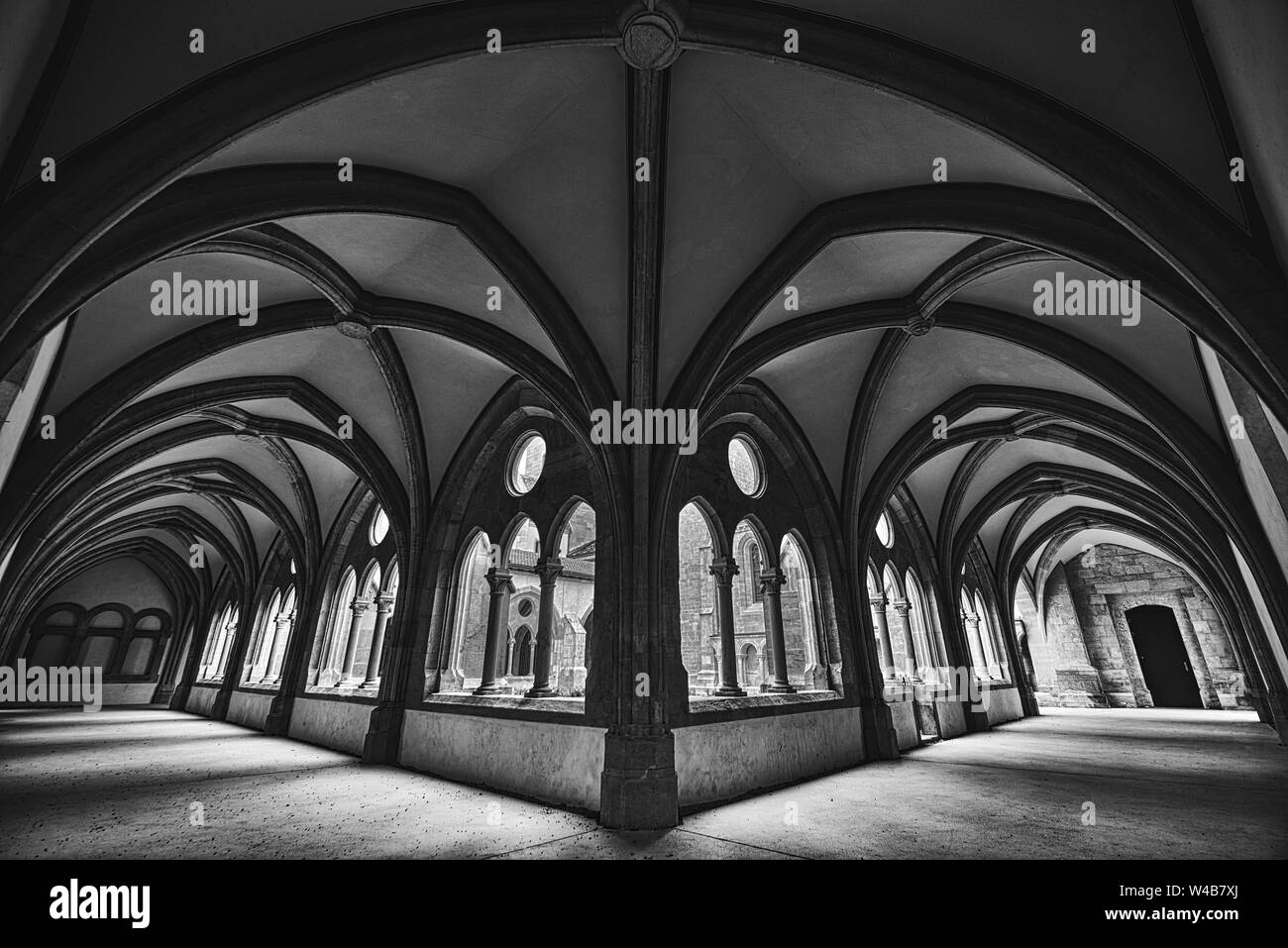 Beautiful wide shot of a medieval fantasy hallway in black and white ...