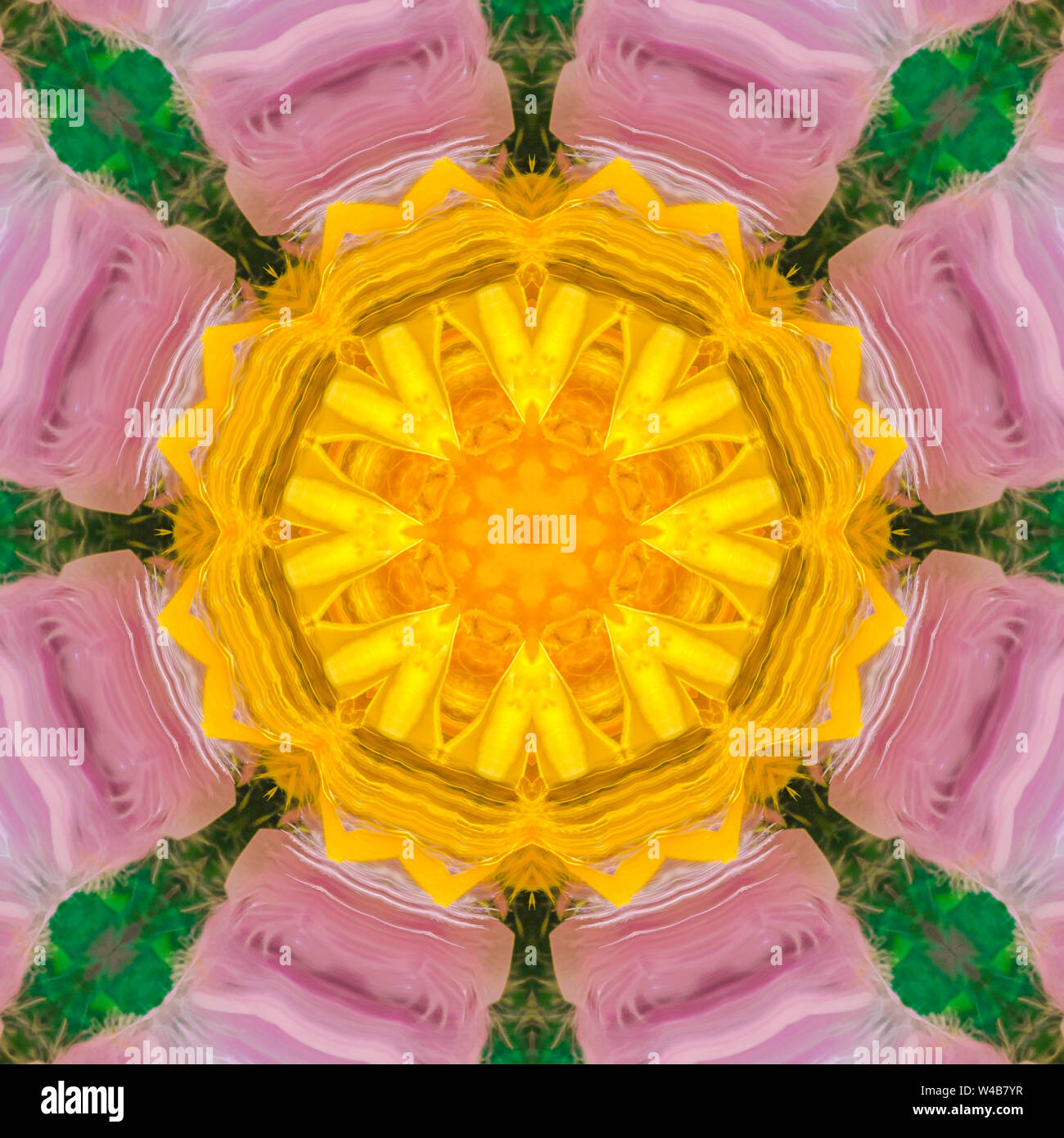 Yellow center of purple digital flower. Geometric kaleidoscope pattern ...