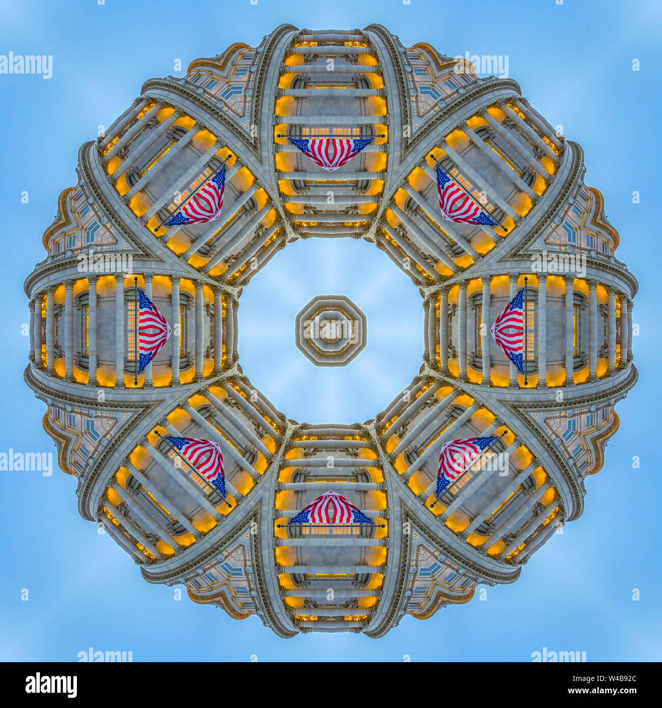 Capital building columns and flags in circle. Geometric kaleidoscope ...