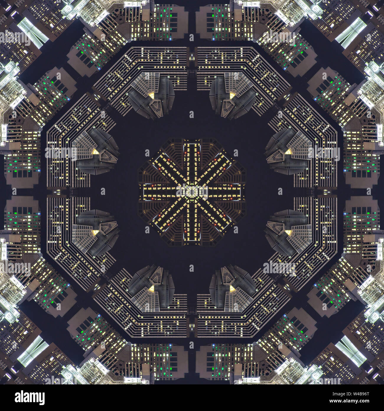 City photo that looks like a space station. Geometric kaleidoscope ...