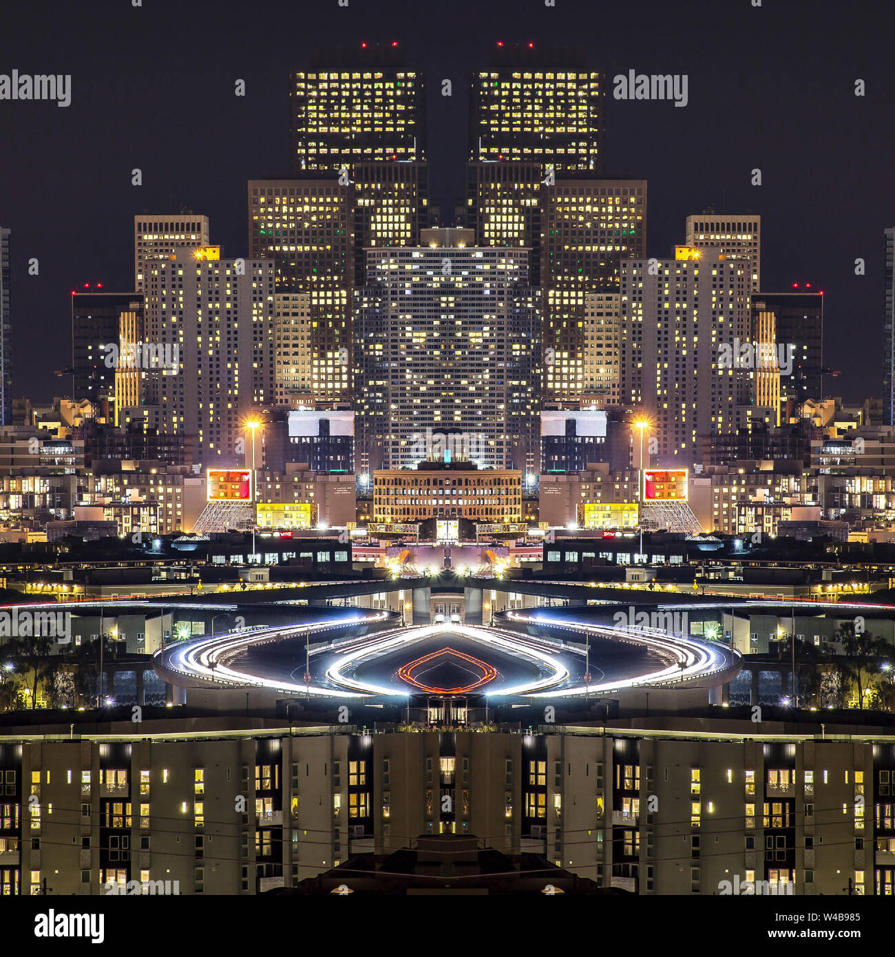 Skyline at night of San Francisco mirrored photo. Geometric ...