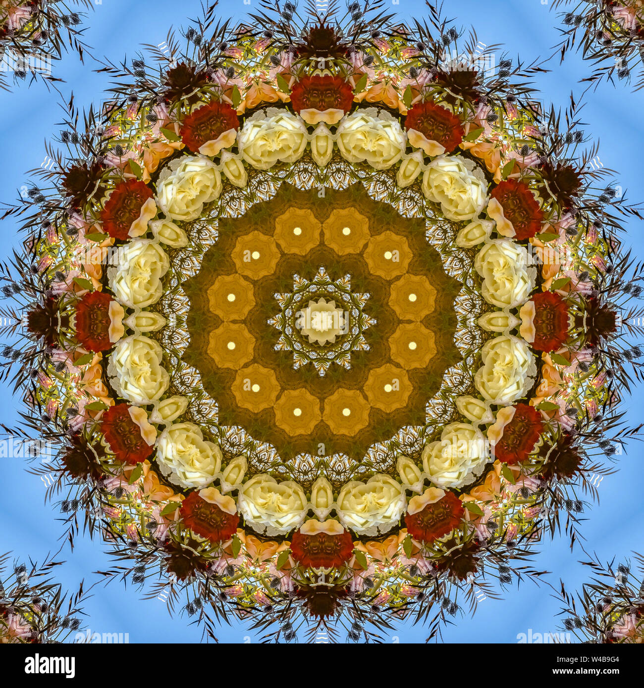 Large display of flowers in circular arrangement at wedding in ...