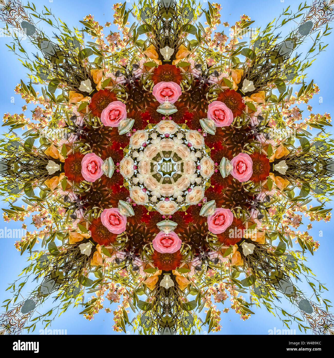 Wedding flowers with yellow orange and pink roses. Geometric ...