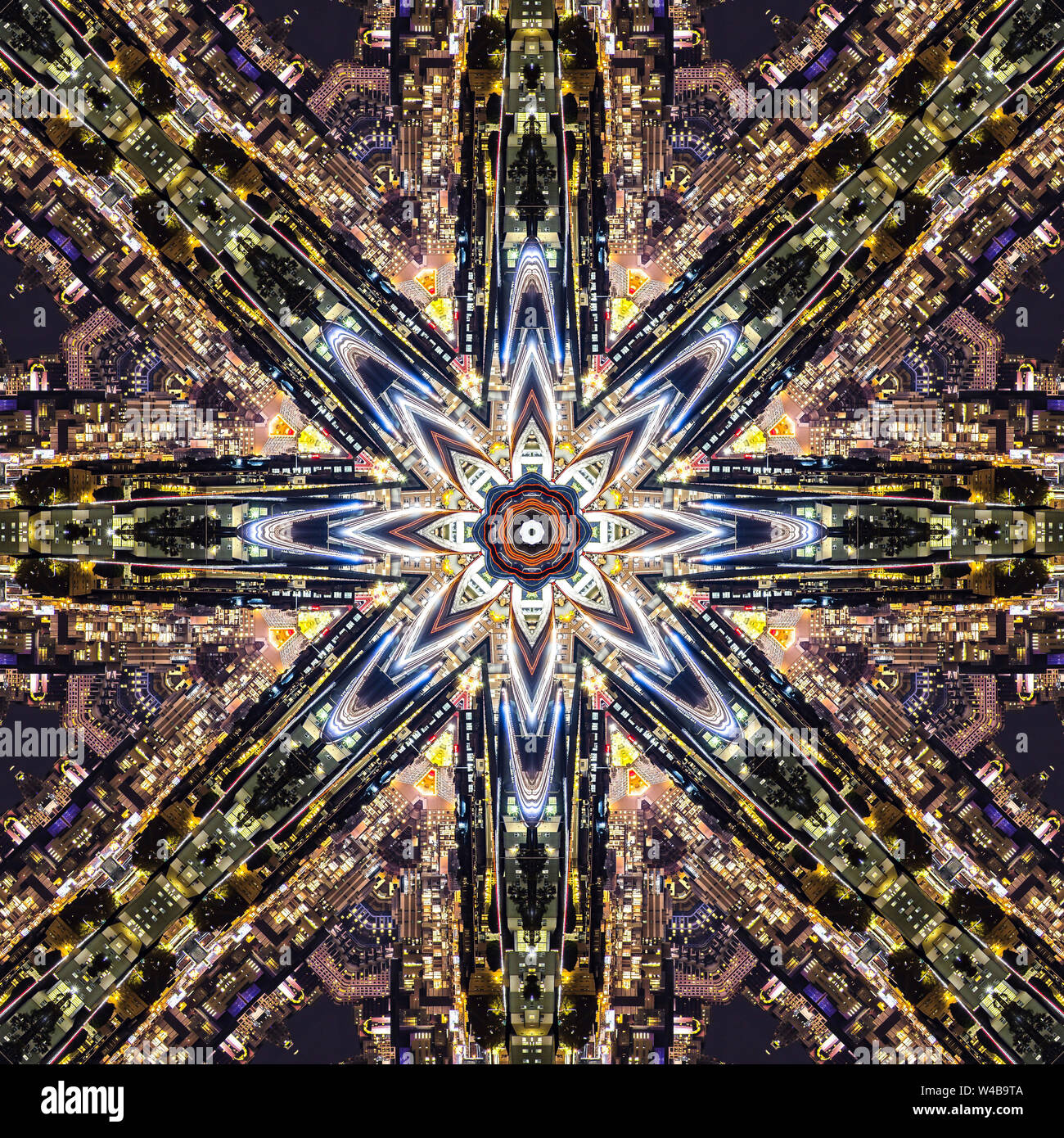 City photo looks like a space city. Geometric kaleidoscope pattern on ...