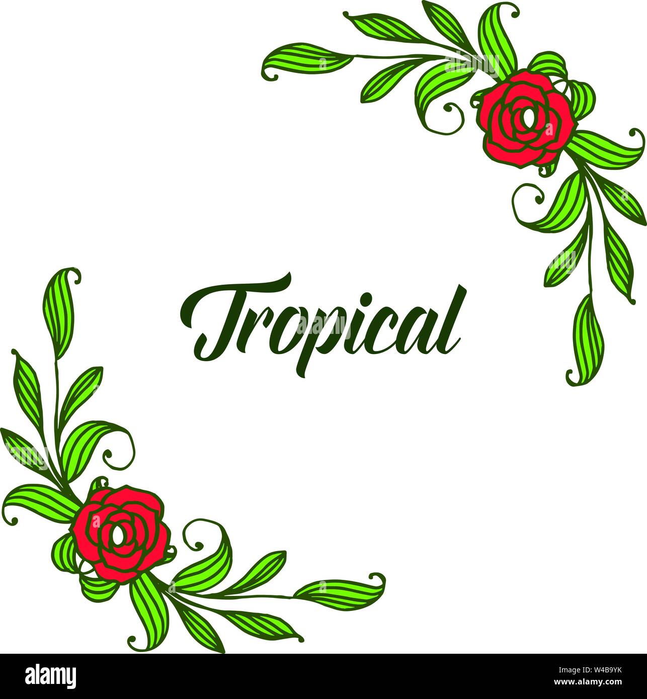 Tropical plant, ornate frame flower red rose and green leaves frame ...