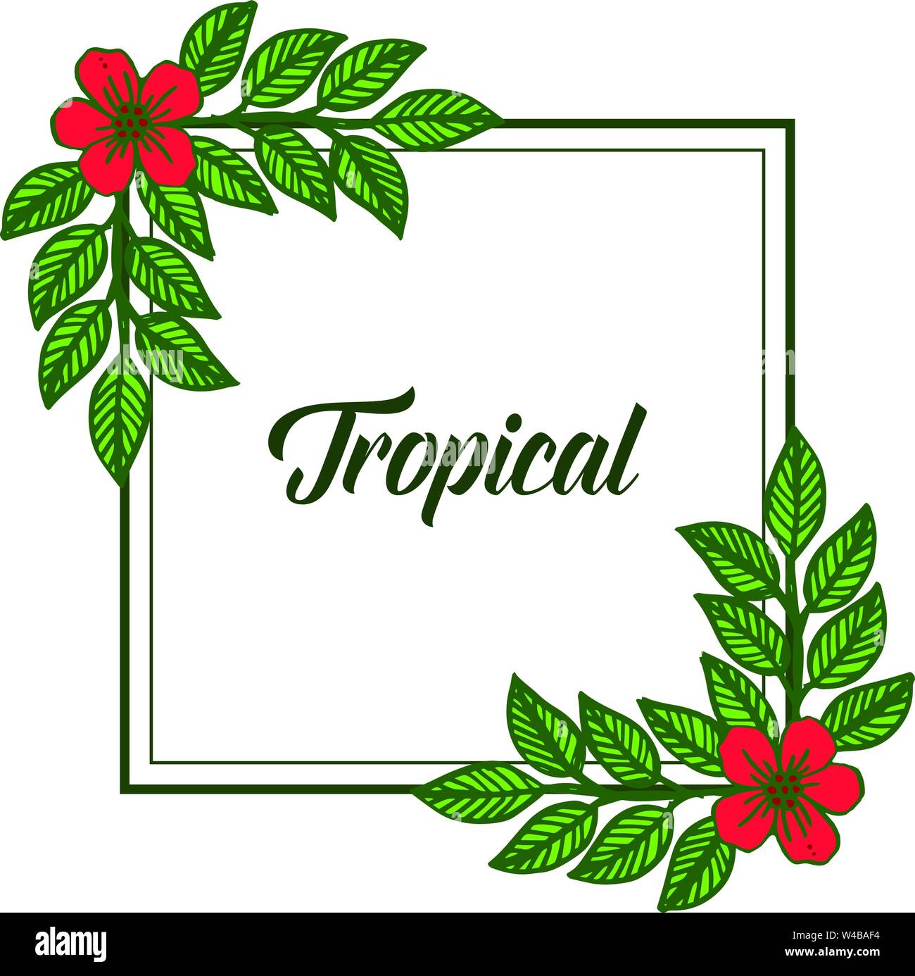 Lettering summer tropical with bright green leaves and floral frame ...