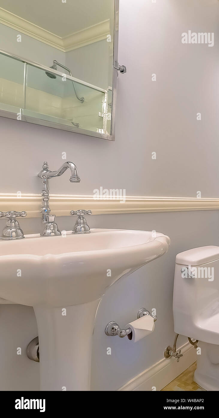 Vertical Bathroom interior of a house with stand alone sink and toilet ...