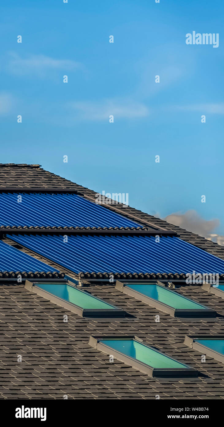 Vertical frame Pitched roof with solar water heater solar panels and ...