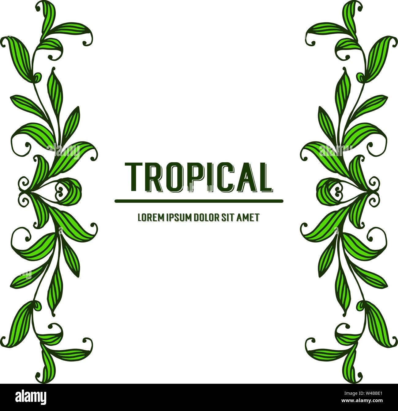 Greeting card design tropical with flower frame and green foliage ...