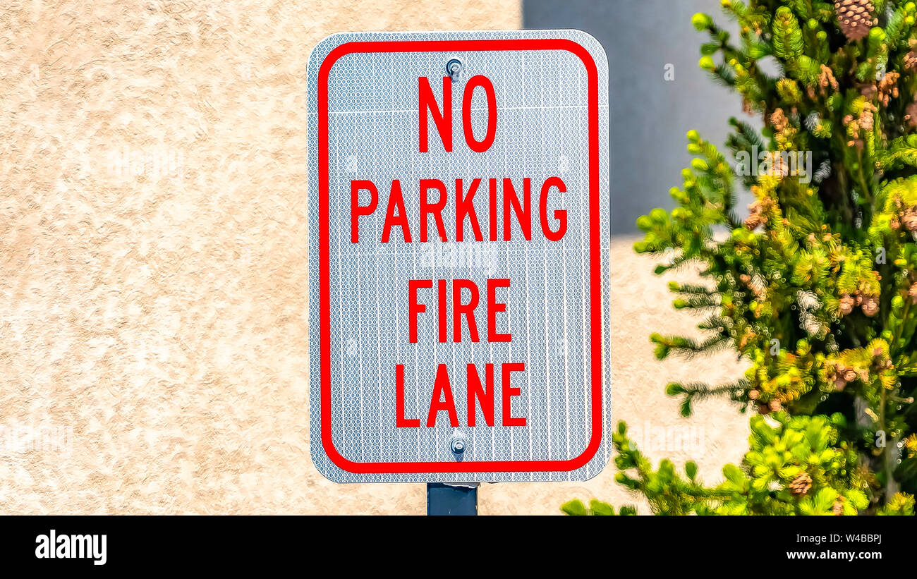 Panorama frame No Parking Fire Lane sign with a tree and wall in the ...