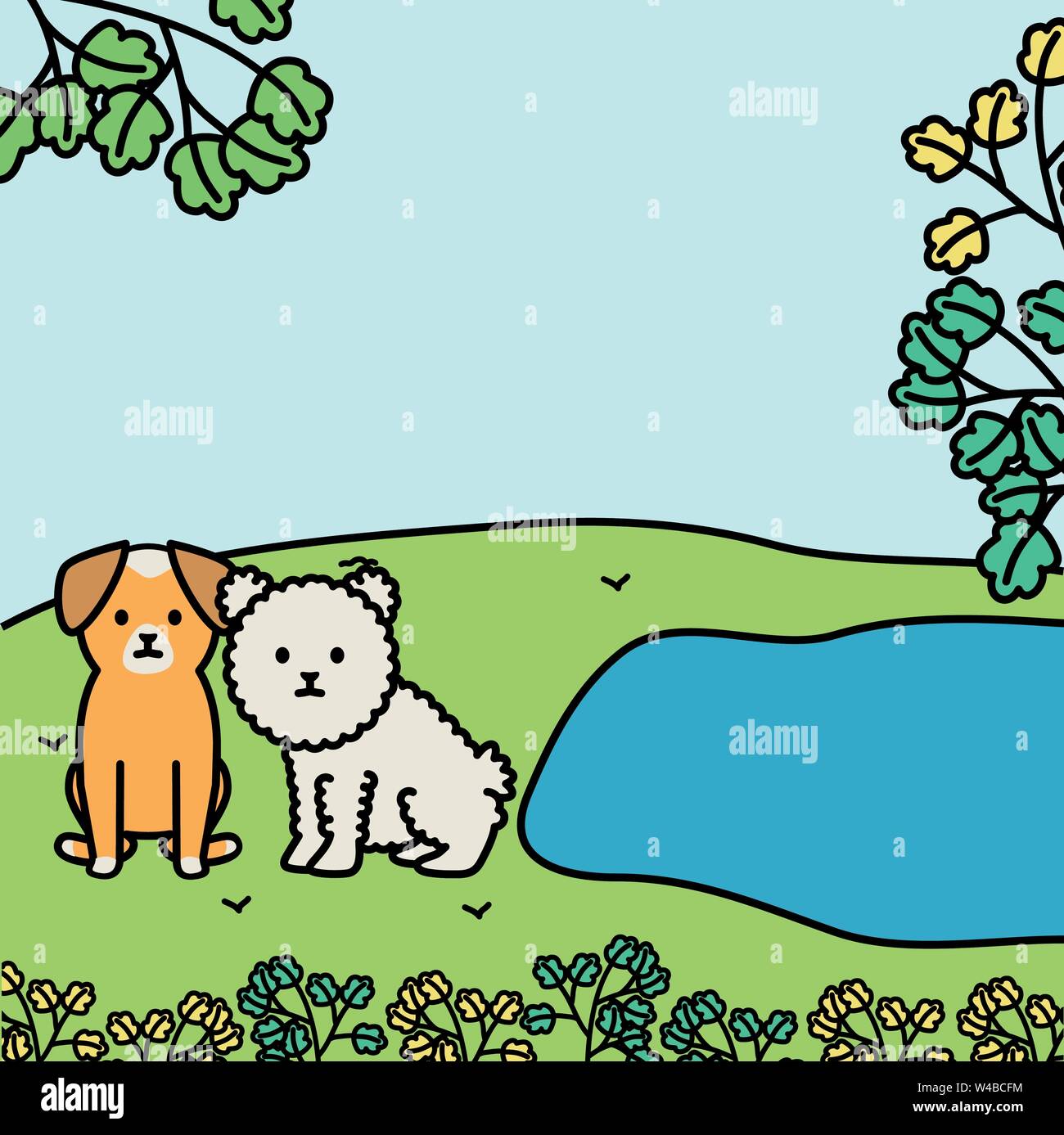 little dogs adorables mascots in the landscape vector illustration ...