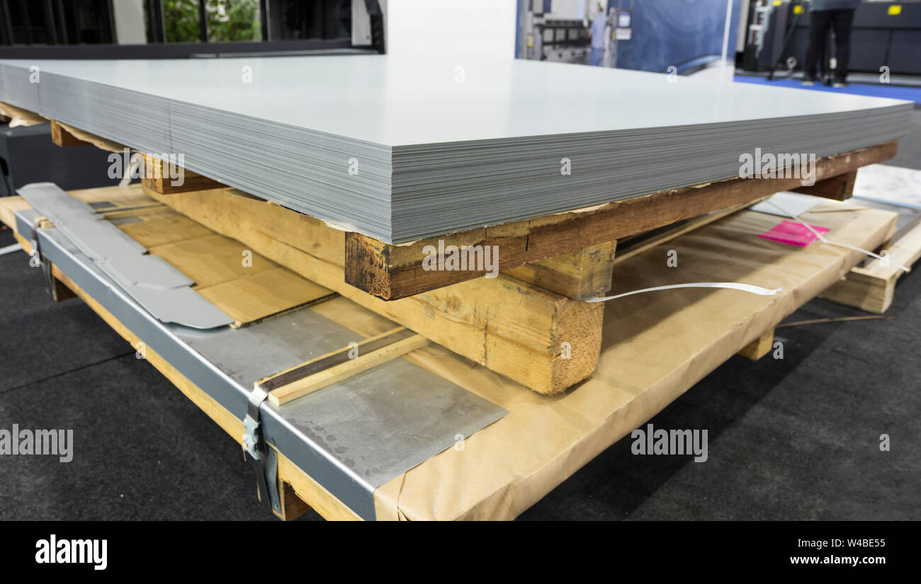 Stack of steel sheets ; ready to use ; stock ; for laser cutting Stock ...