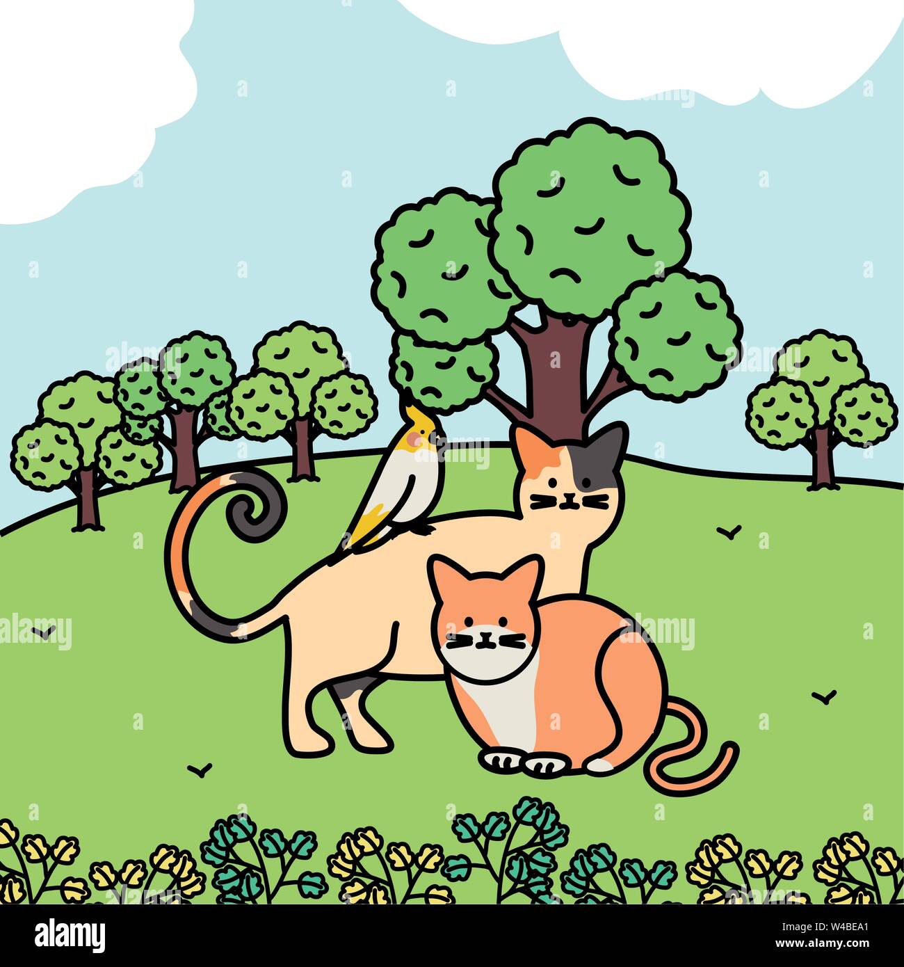 cute cats and bird mascots in the park vector illustration design Stock ...