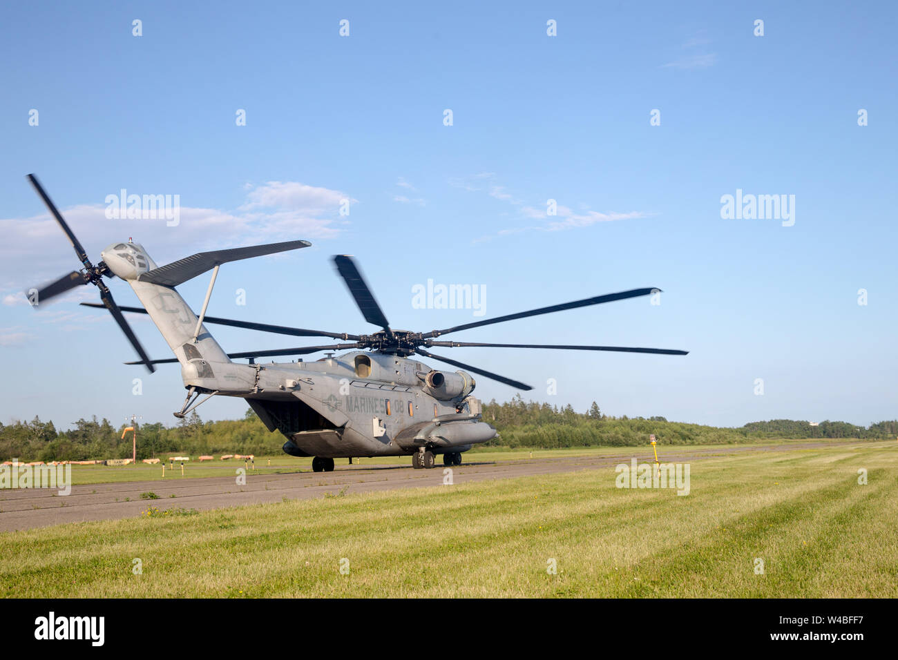 A CH-53E Super Stallion prepares to take off at the Eastport Municipal ...