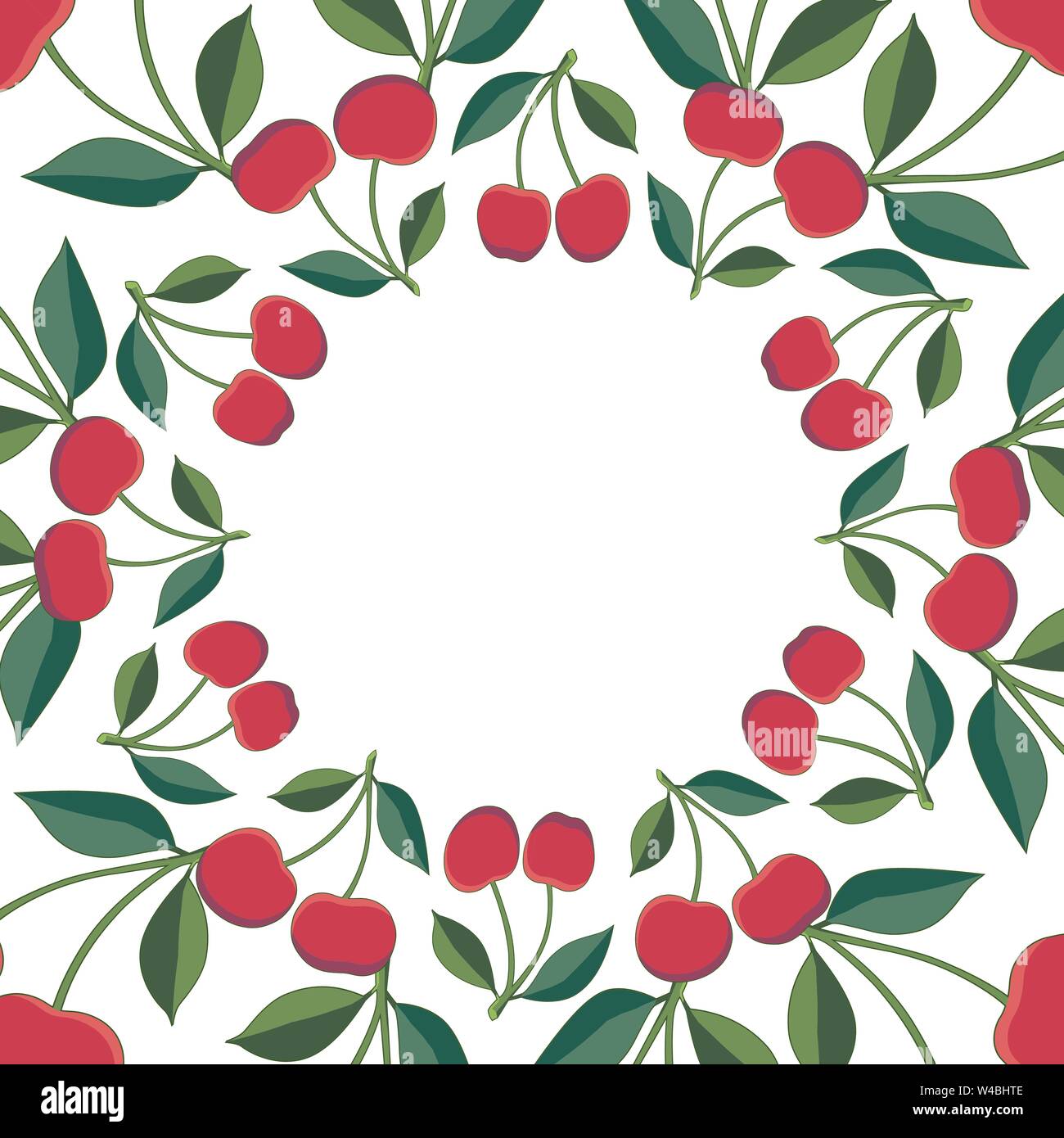 Positive floral frame with red cherries and green leaves. Template for ...