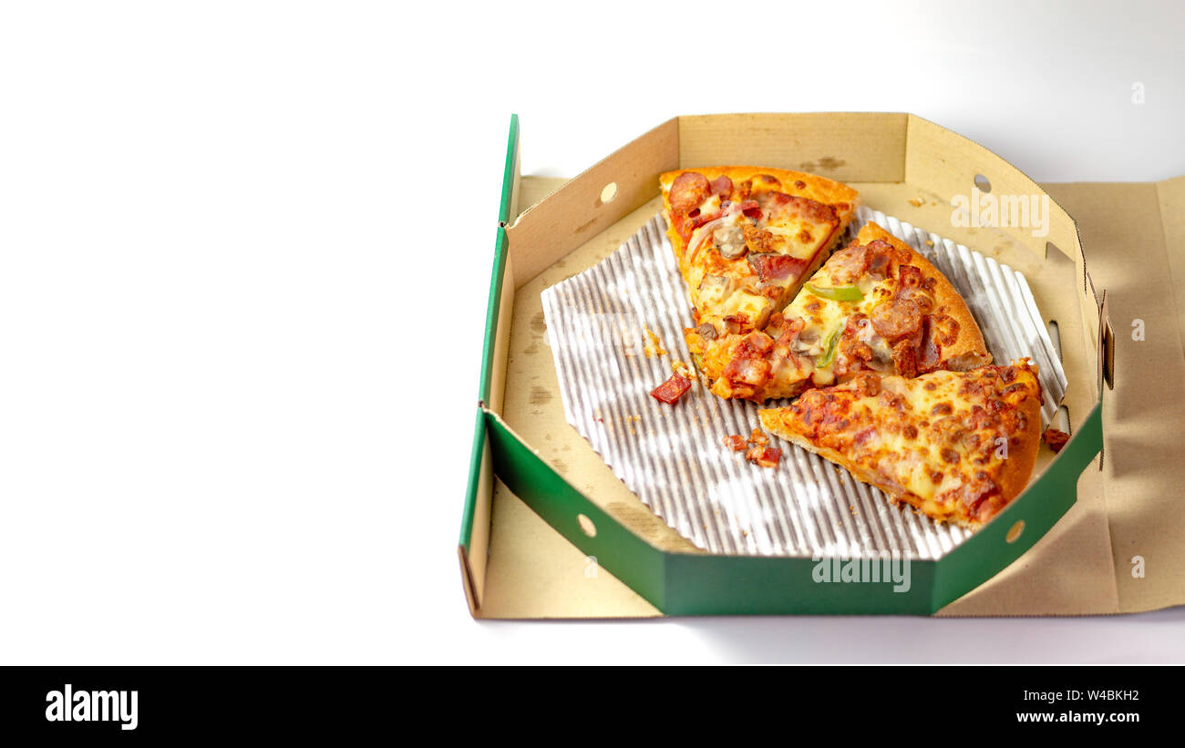 The remaining pizza is in the box.Empty pizza box with three slice ...