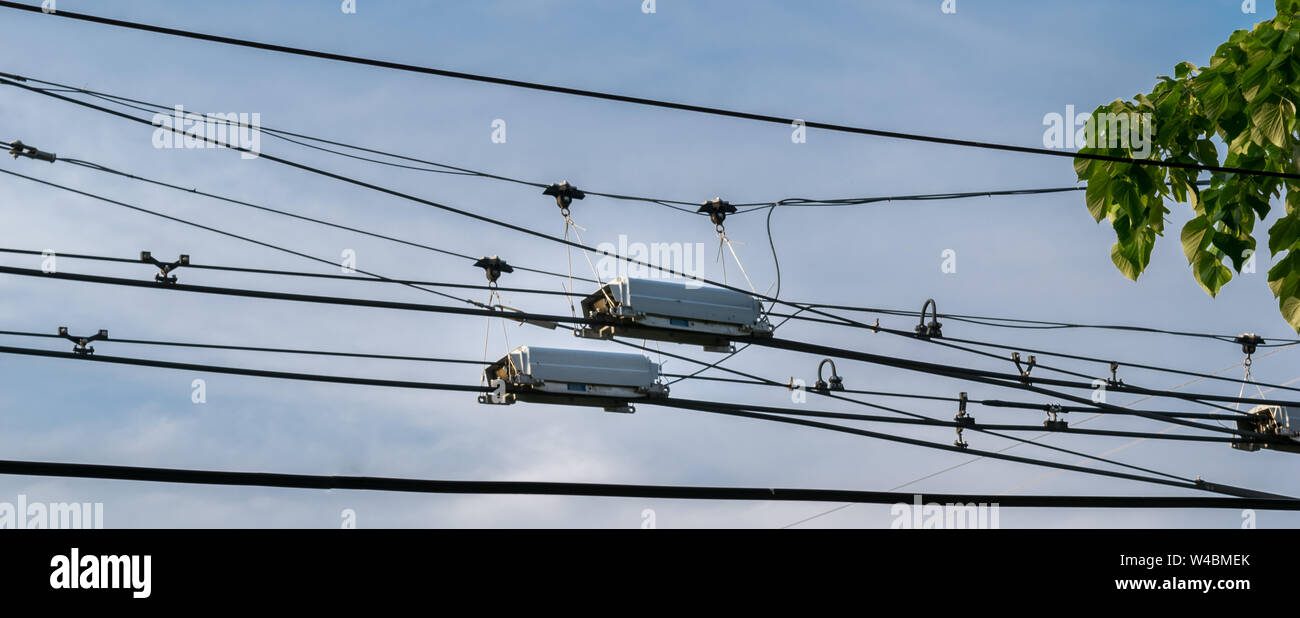 trolleybus power wires switch box splitter used to change direction ...