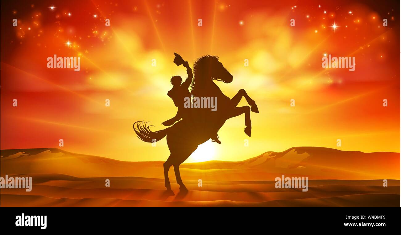 Cowboy Riding Horse Silhouette Sunset Background Stock Vector Image ...