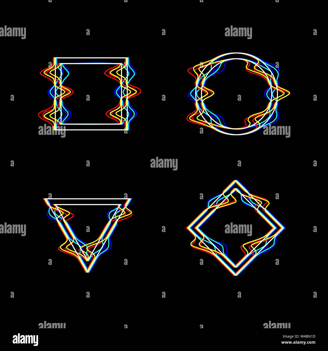 Glitch geometric shapes - square, triangle, rhombus and circle. Yellow ...
