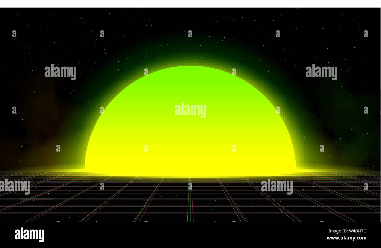 Synthwave vaporwave retrowave yellow green sunset background glitch ...