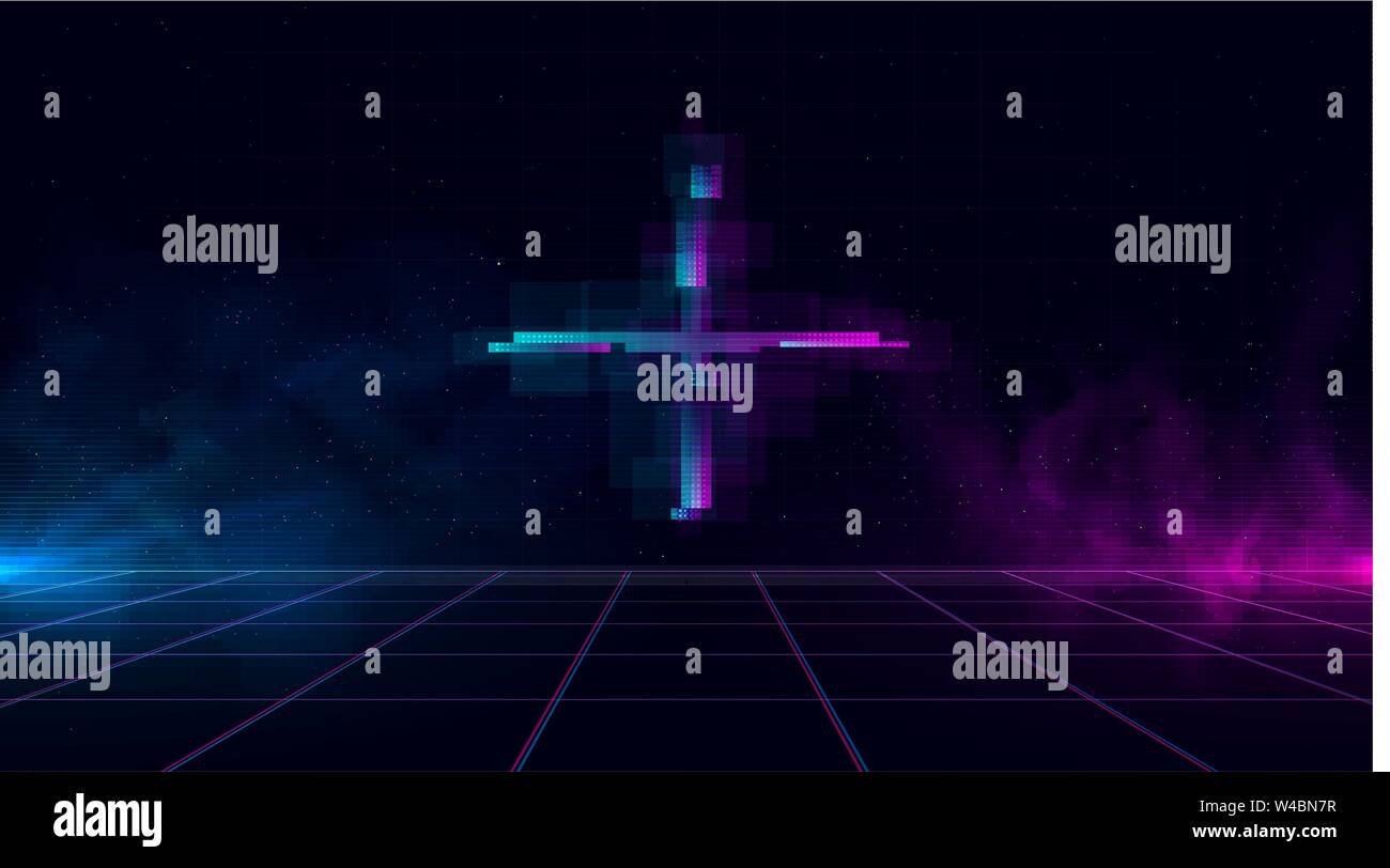 Synthwave vaporwave retrowave cyber landscape with sparkling glitch ...