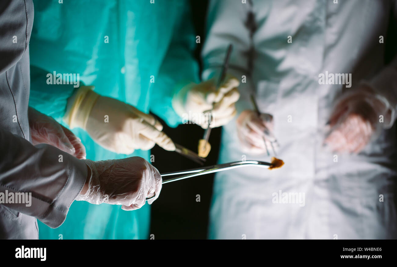 Hands close-up of surgeons holding medical instruments. The surgeon ...