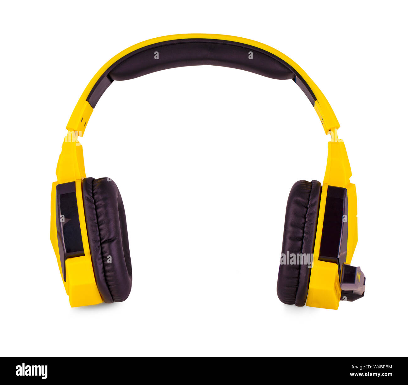 Yellow headphones with a microphone isolated on white background Stock ...