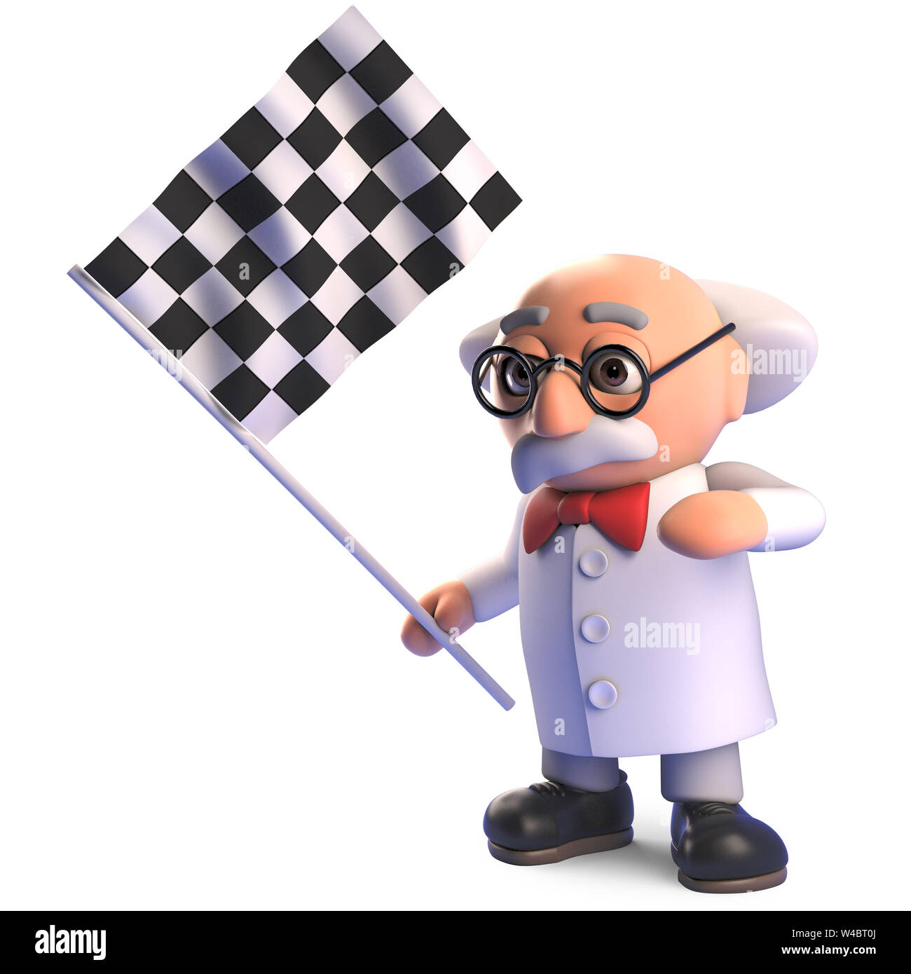 Crazy old mad scientist professor character waves the checkered flag at ...