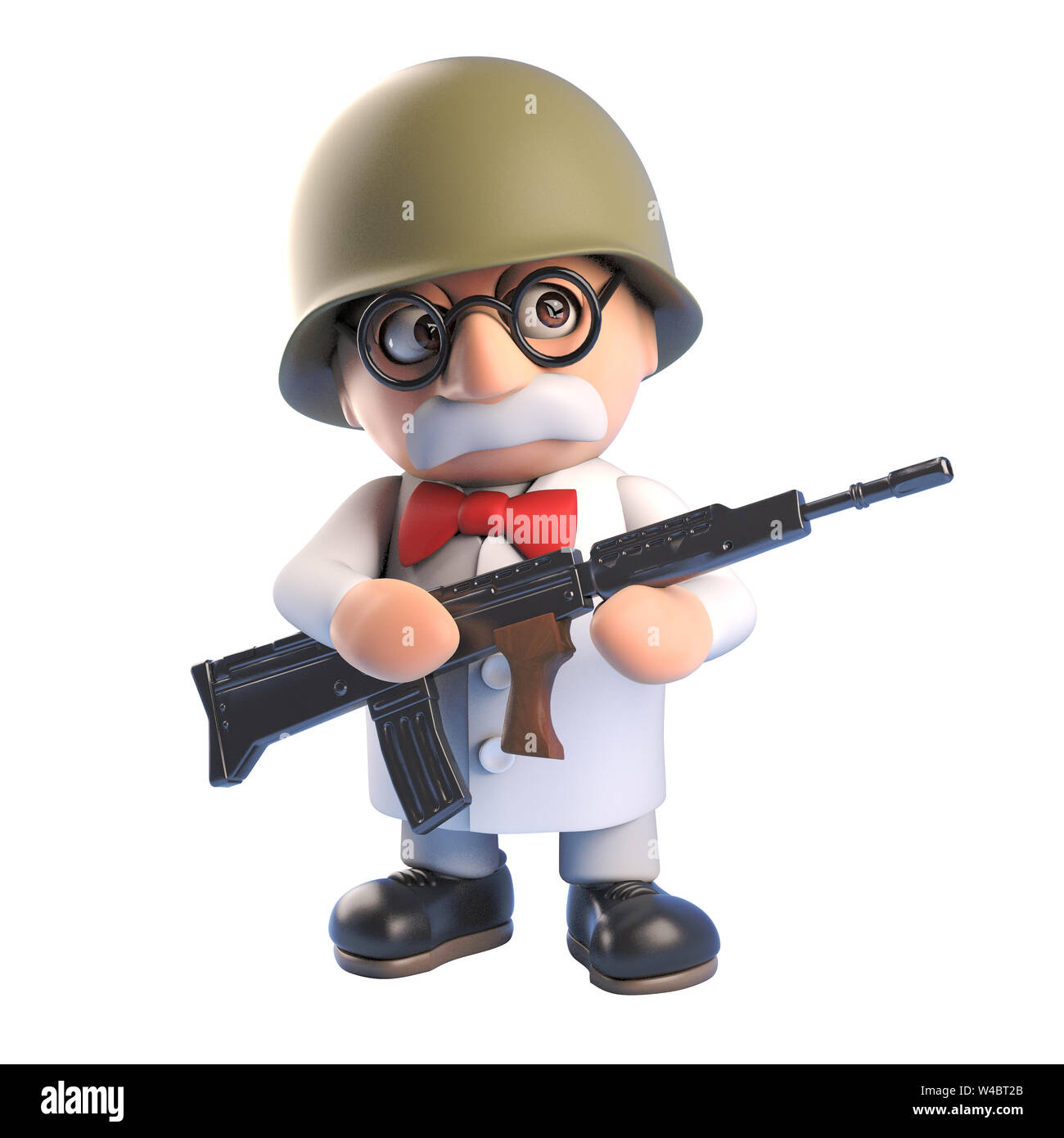Mad professor of science character dressed as a soldier holding a rifle ...