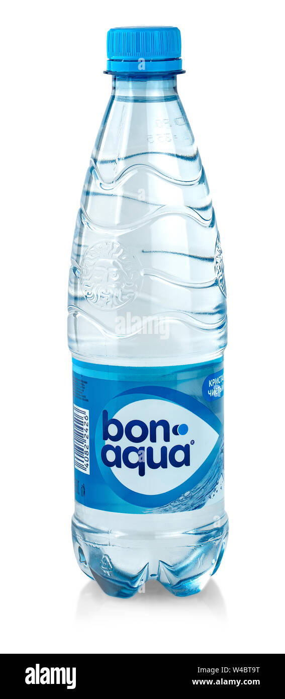 Kamchatka, Russia- 18 Jile 2019: Drinking water BON AQUA in a plastic ...
