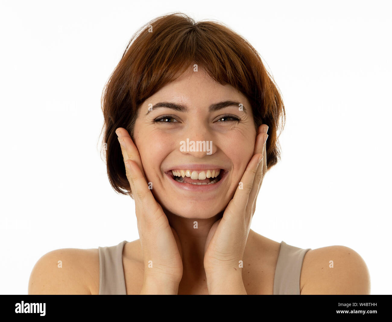 Close up portrait of attractive young pretty caucasian woman with happy ...