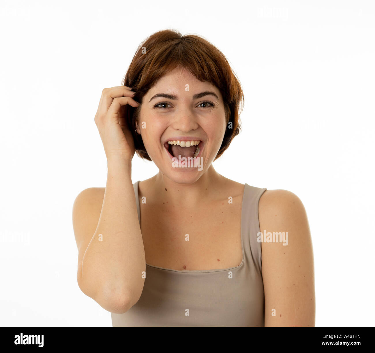 Close up portrait of attractive young pretty caucasian woman with happy ...