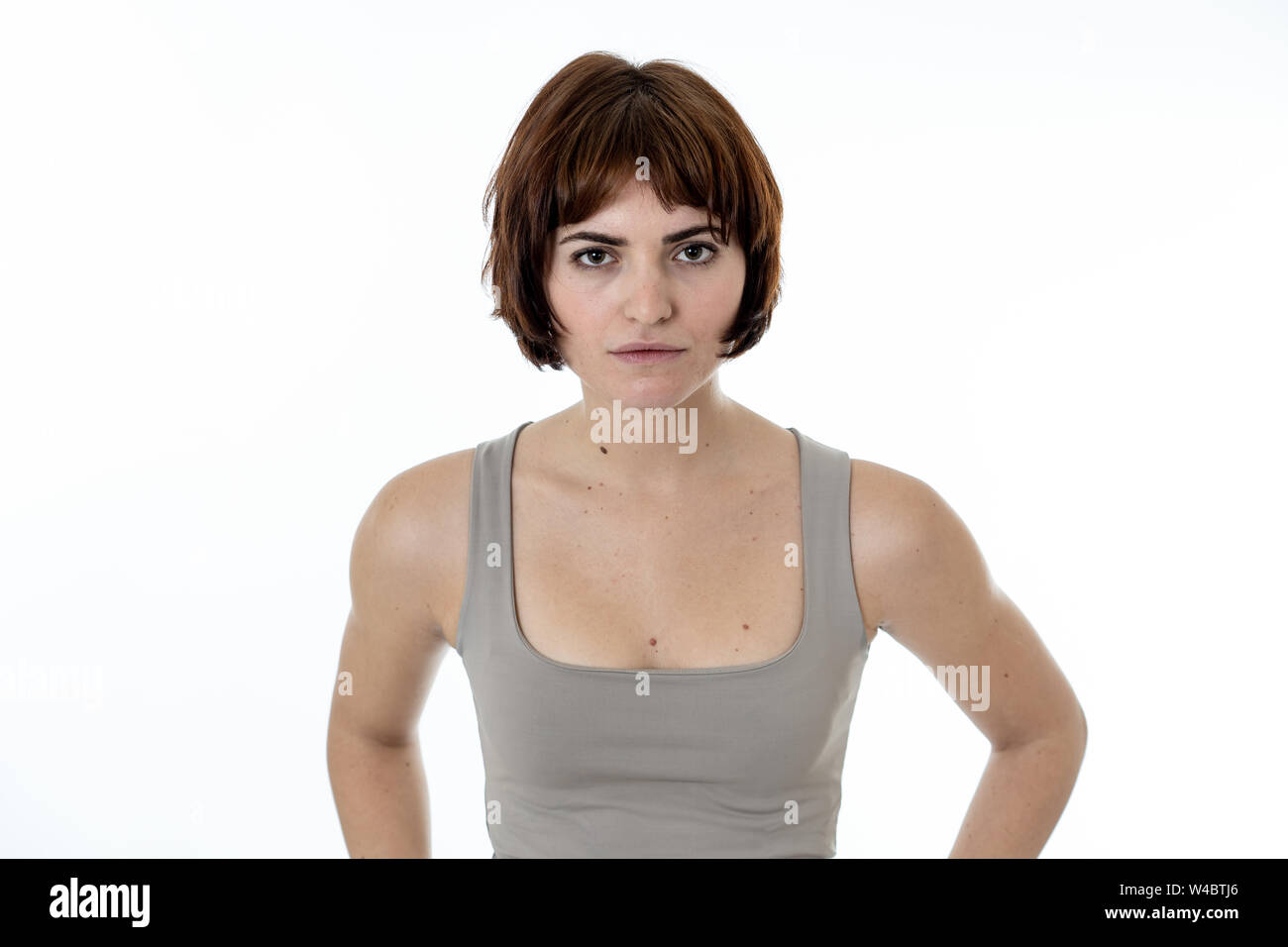 Half length Portrait of young attractive frustrated caucasian woman ...
